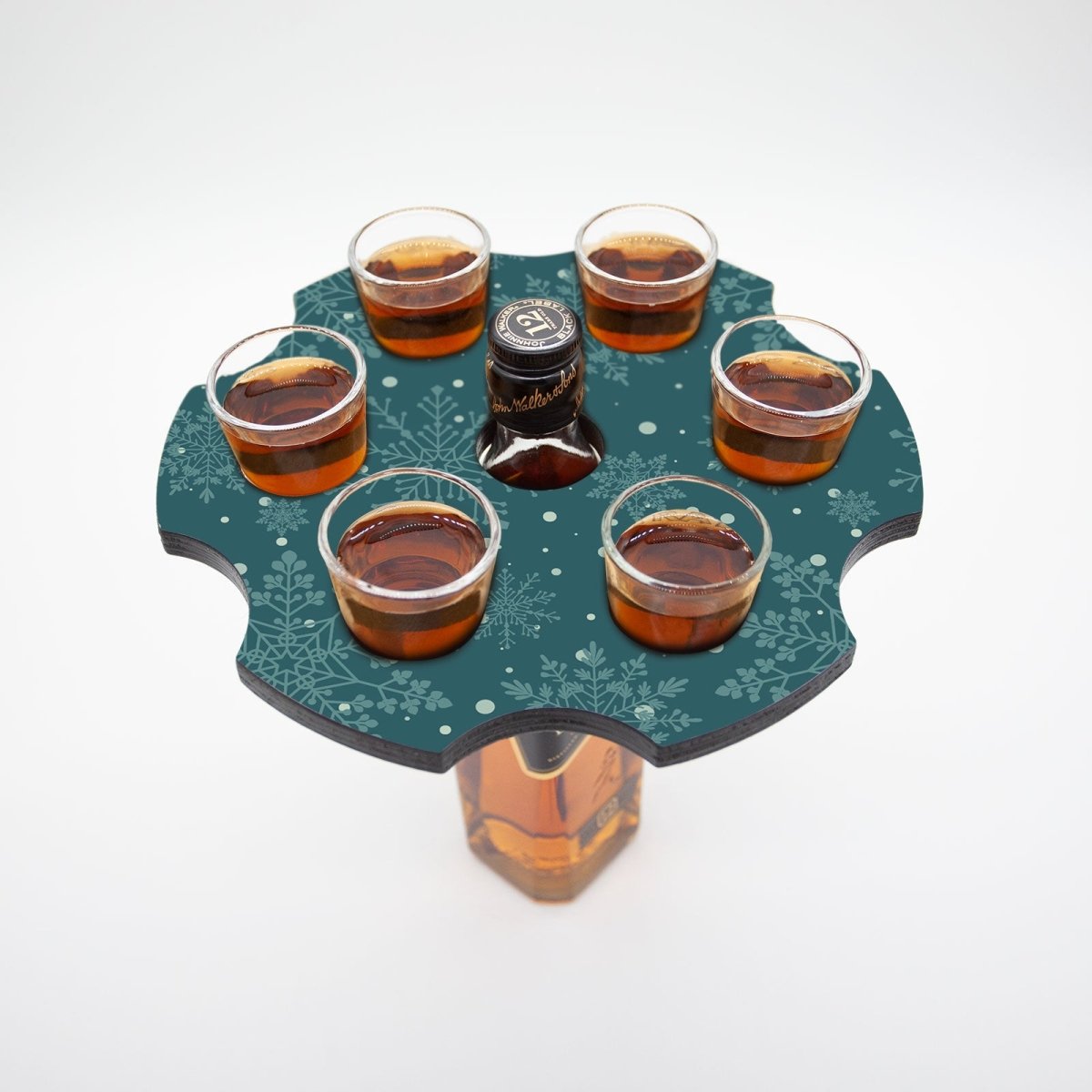 6-Shooter Wood Shot Glass Caddy Tray and Bottle Topper - "Snowflakes ...