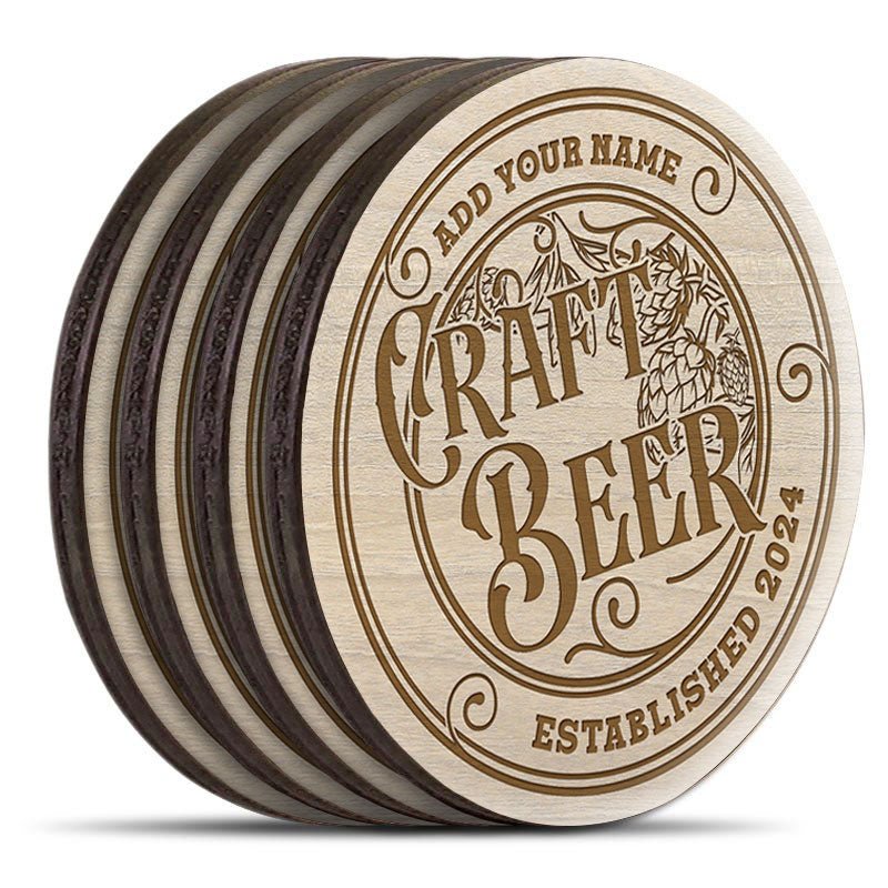 Wooden Round Coasters - Customizable Engraved - Craft Beer Theme - Set ...