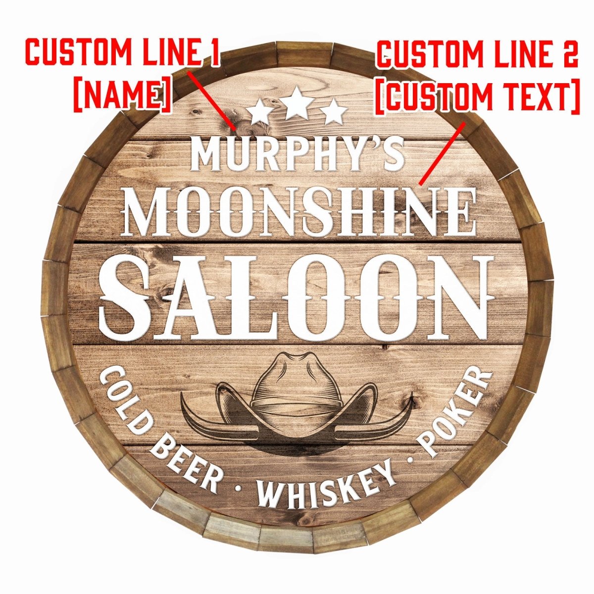 Custom Moonshine Saloon Themed Barrel Top Tavern Sign — Bar Products