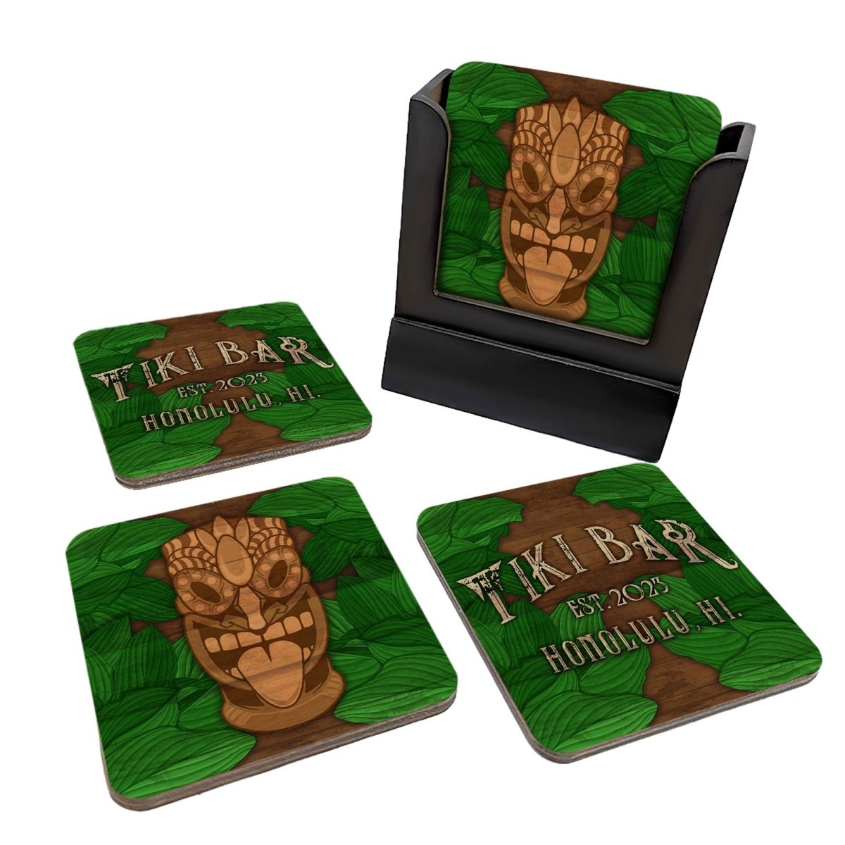 Wooden Square Coasters - Customizable - Tiki Leaves - Set of 4 - Bar ...