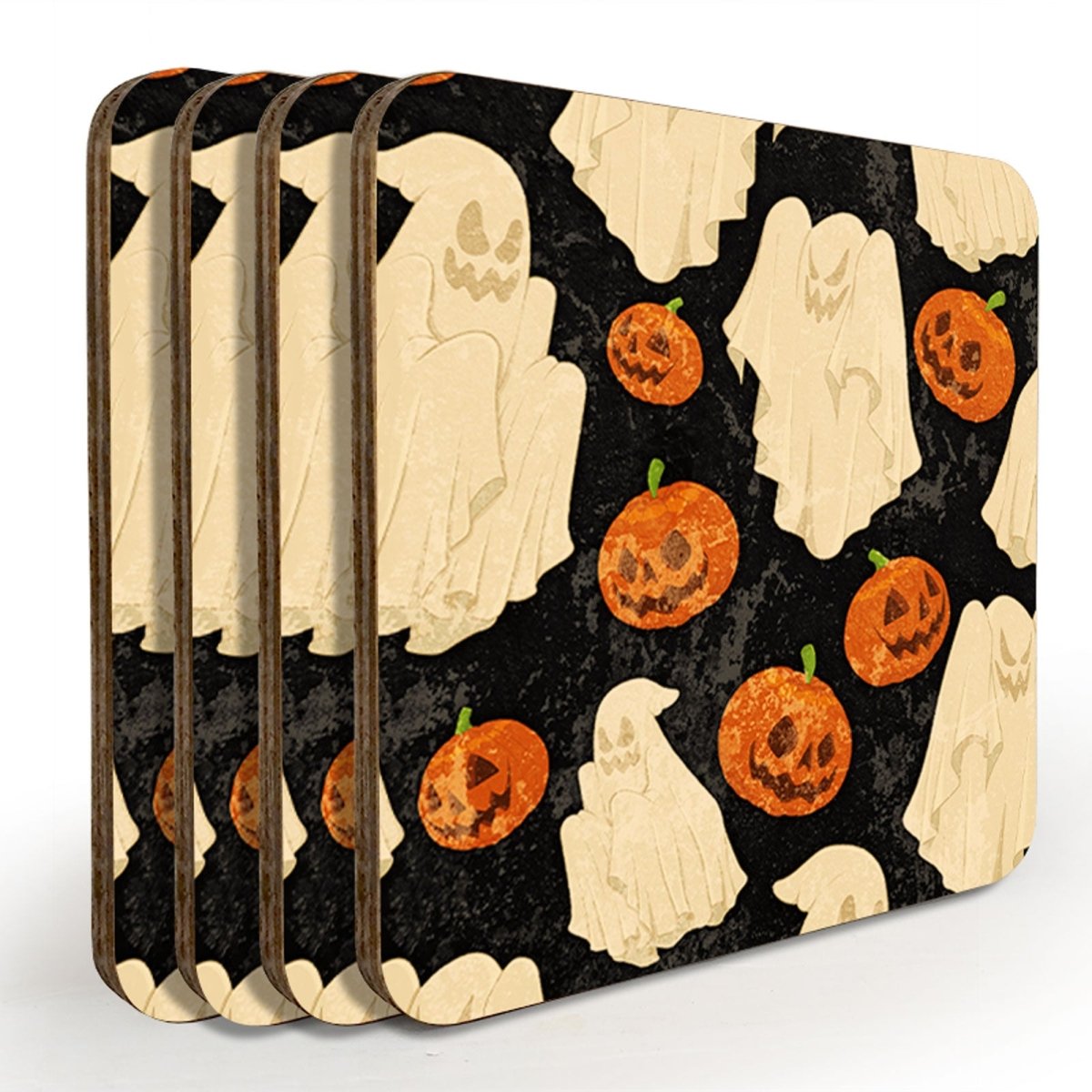 Wooden Coasters - Halloween Ghost Design - Set of 4 w/ Coaster Caddy ...