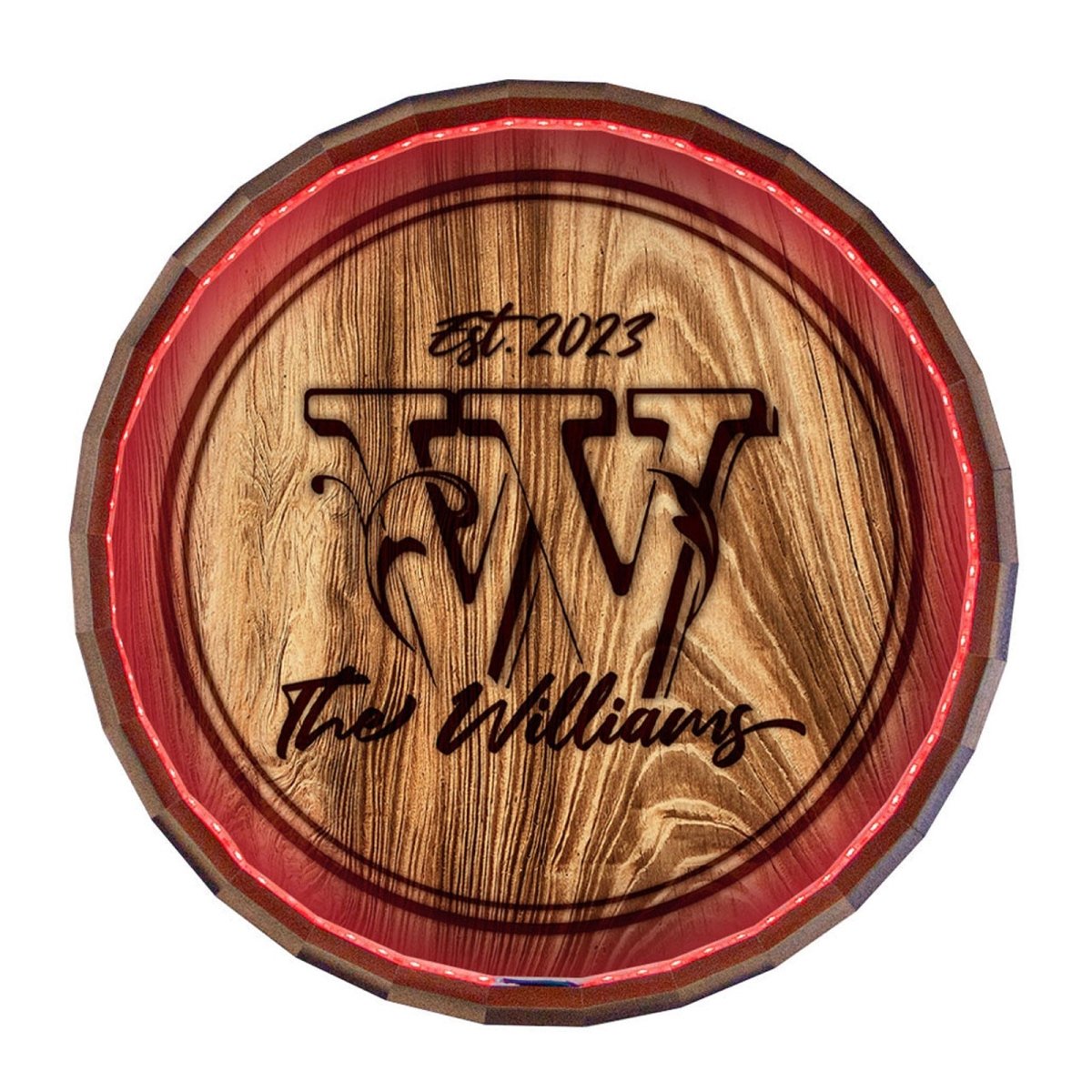 Custom LED Wood Barrel Top Sign - Family Monogram — Bar Products