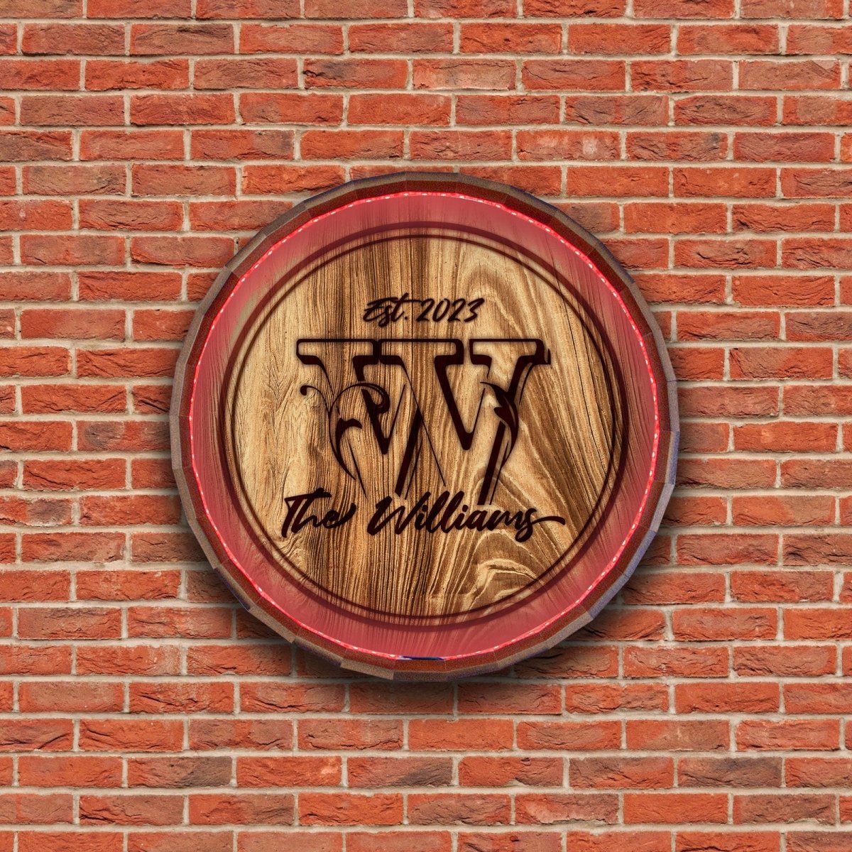 Custom LED Wood Barrel Top Sign - Family Monogram — Bar Products