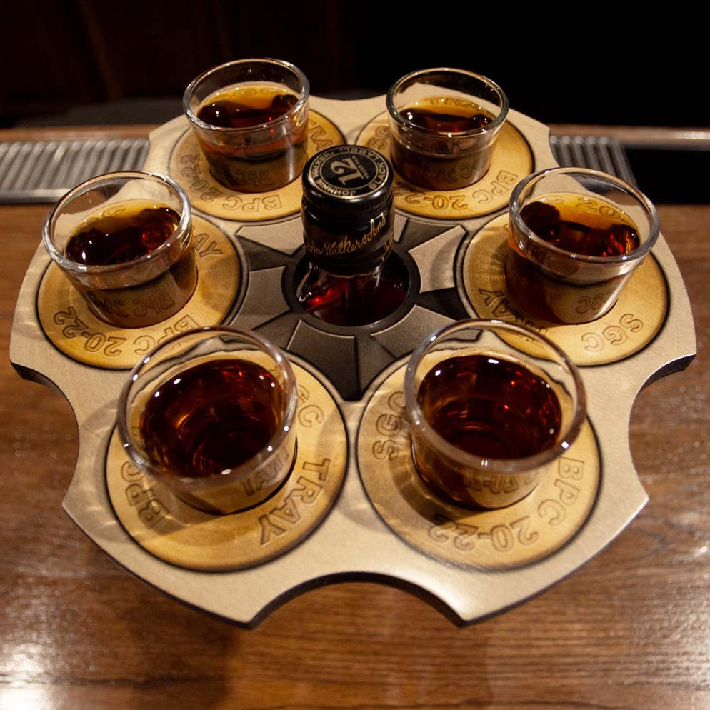 6-Shooter Wood Shot Glass Caddy Tray and Bottle Topper - "Revolver Cyl ...