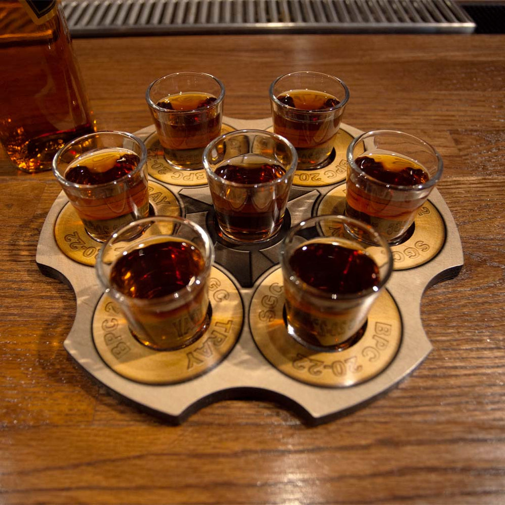 6-Shooter Wood Shot Glass Caddy Tray and Bottle Topper - "Revolver Cyl ...