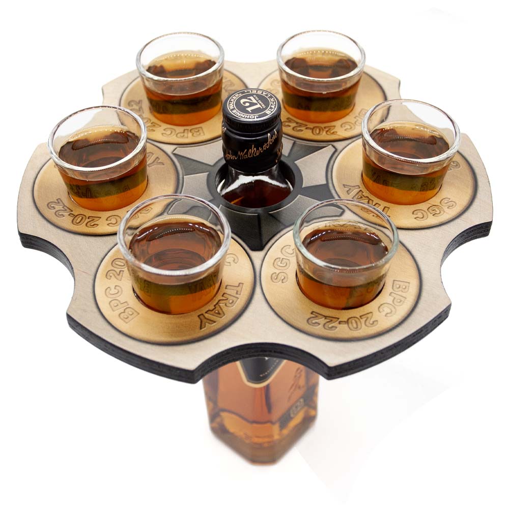 6-Shooter Wood Shot Glass Caddy Tray and Bottle Topper - "Revolver Cyl ...