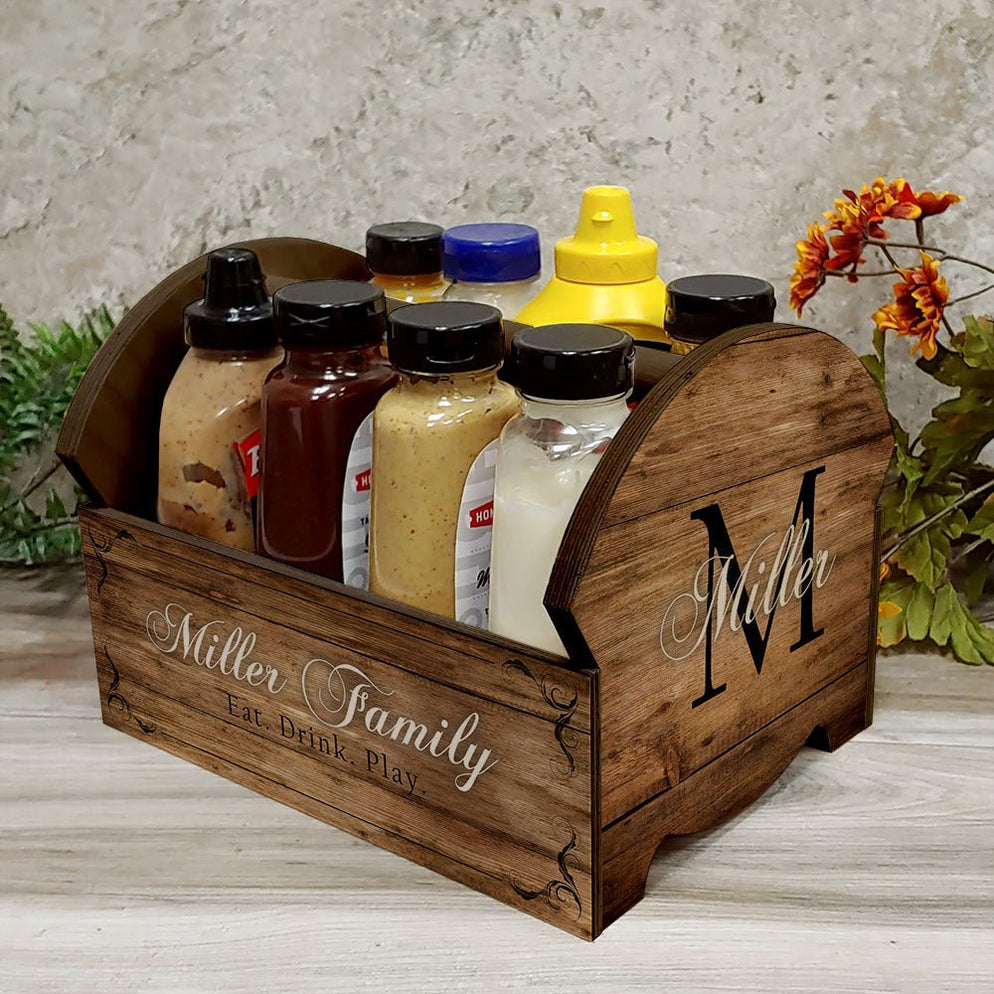 Wooden Condiment Caddy w/ Handle - Customizable Monogram Design — Bar ...